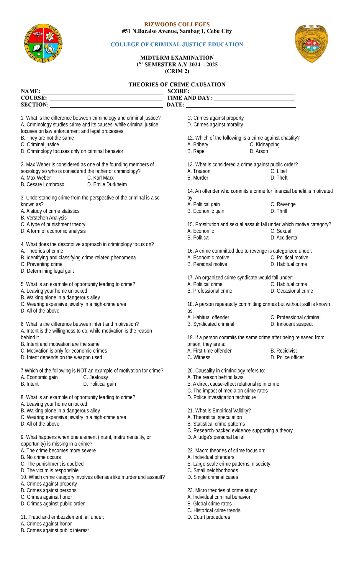 CRIM 2 MIDTERM EXAMINATION: THEORIES OF CRIME CAUSATION A.Y. 2024-2025 ...