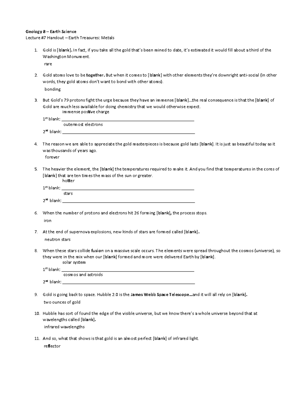 Geology 8 Lecture #7 Handout: Treasures of the Earth - Metals - Studocu
