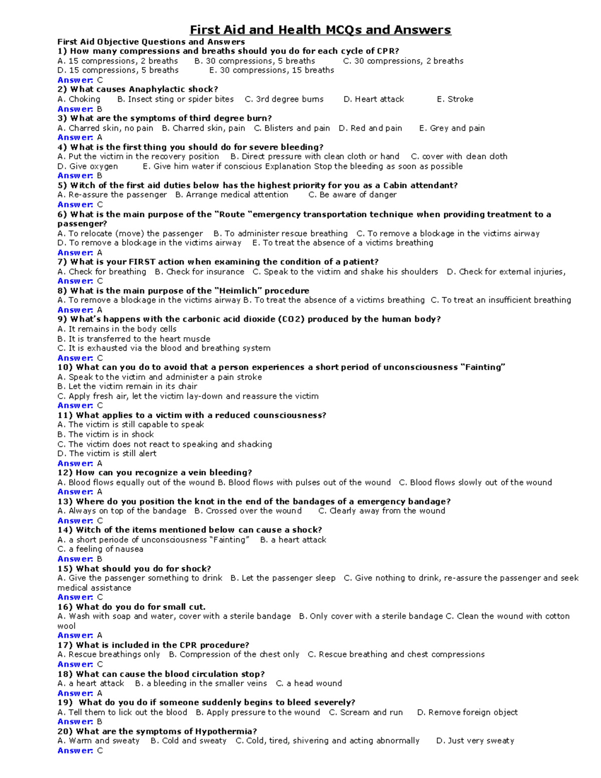 First Aid & Health MCQs and Answers: Comprehensive Guide for CPR - Studocu