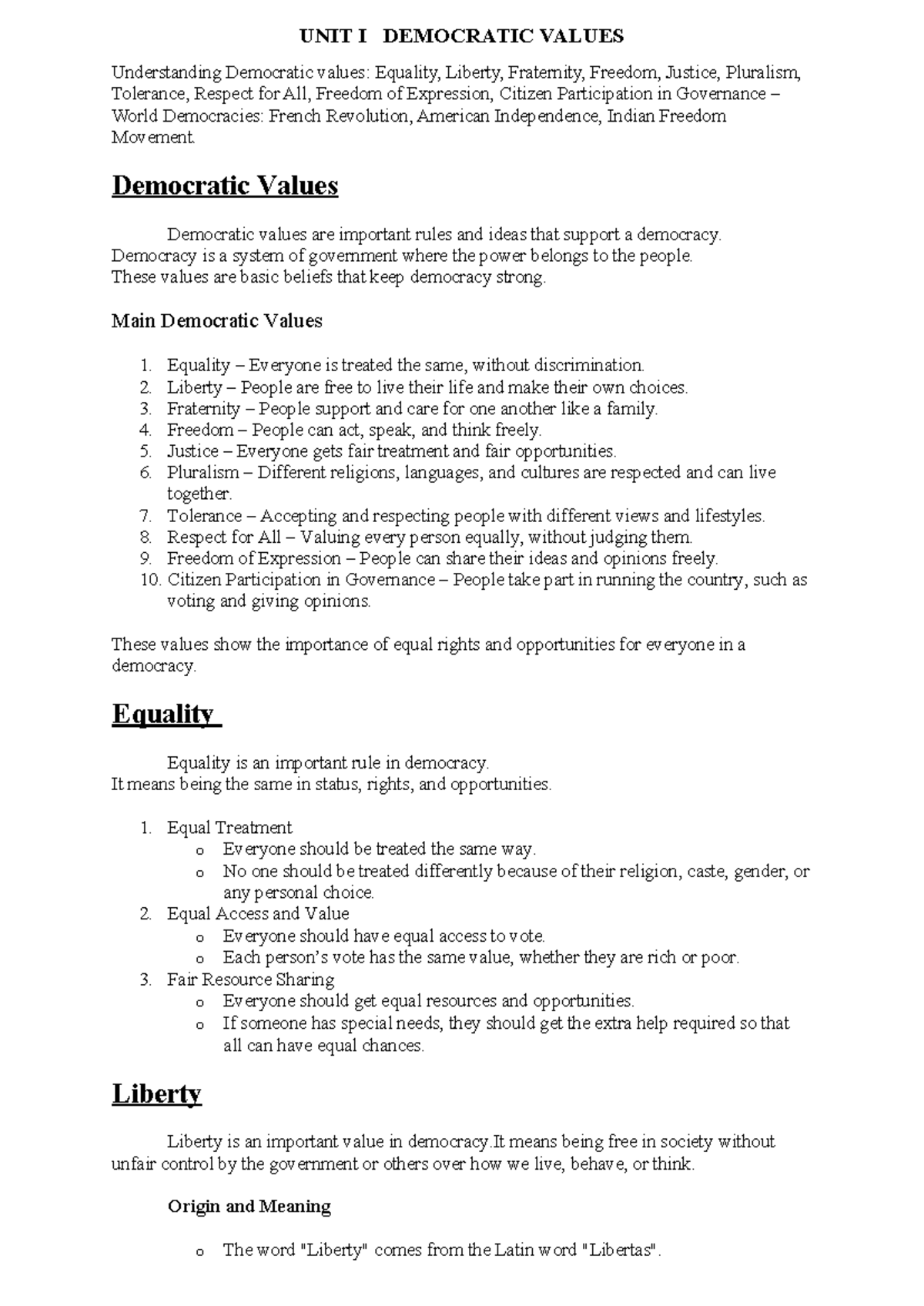 UNIT I HVE: Understanding Democratic Values and Historical Movements ...
