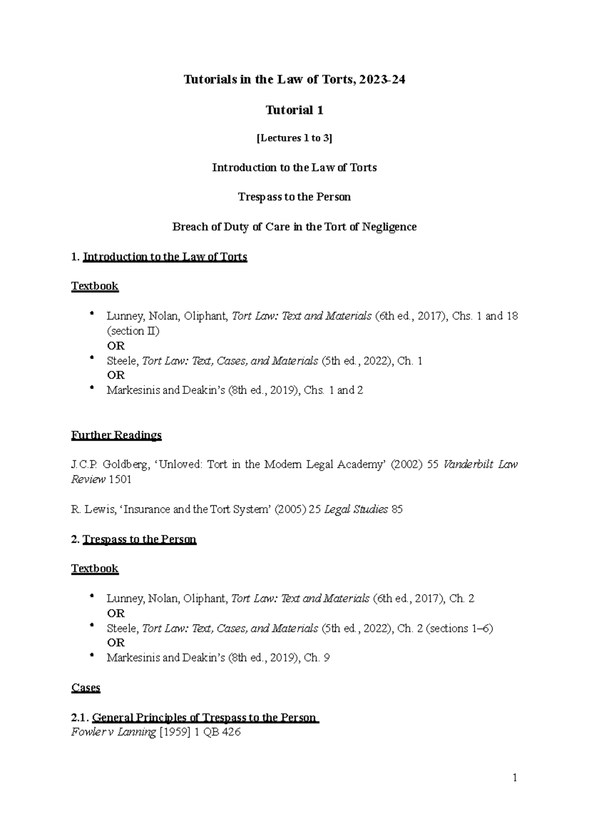 Tort Law Tutorial Sheet 1 (2023-24) - Key Concepts & Cases - Studocu