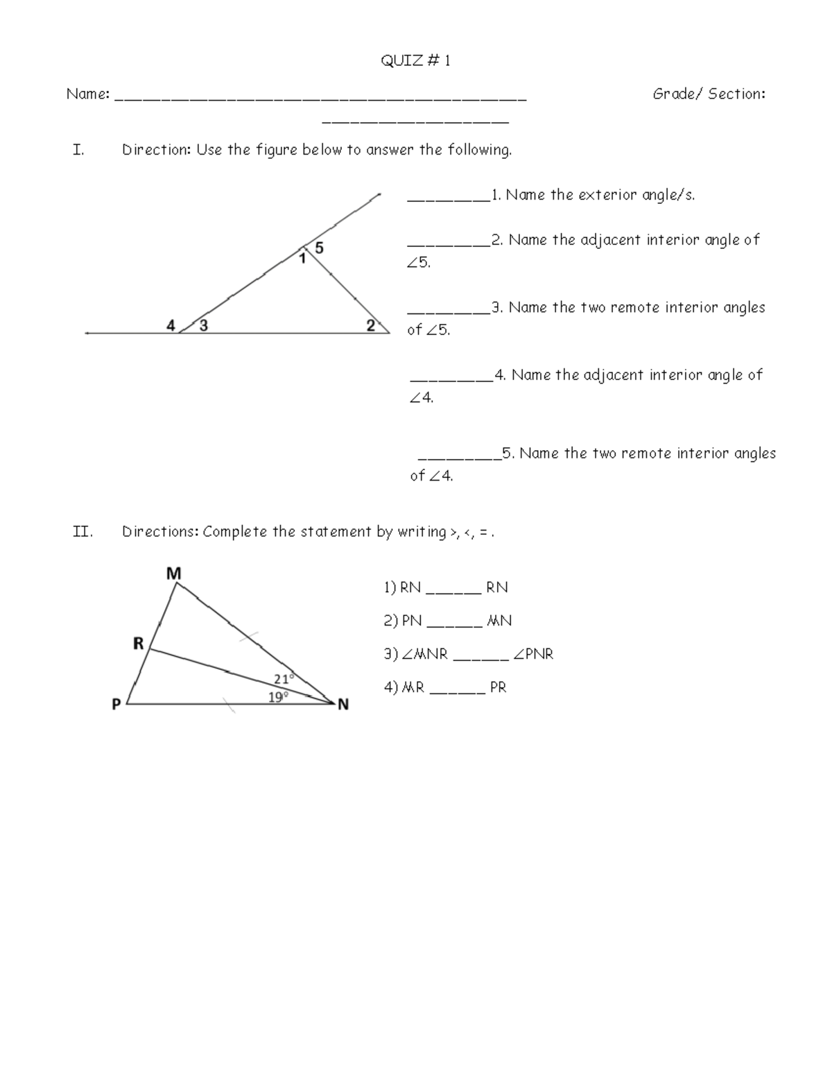 QUIZ 1 - Math 8: Geometry Angles and Relationships Questions - Studocu