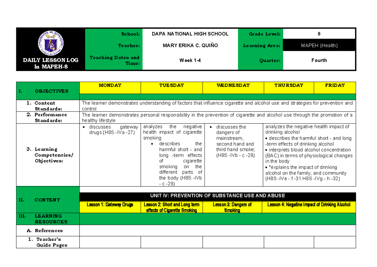 Scribd - health issues - DAILY LESSON LOG In MAPEH- School: DAPA ...