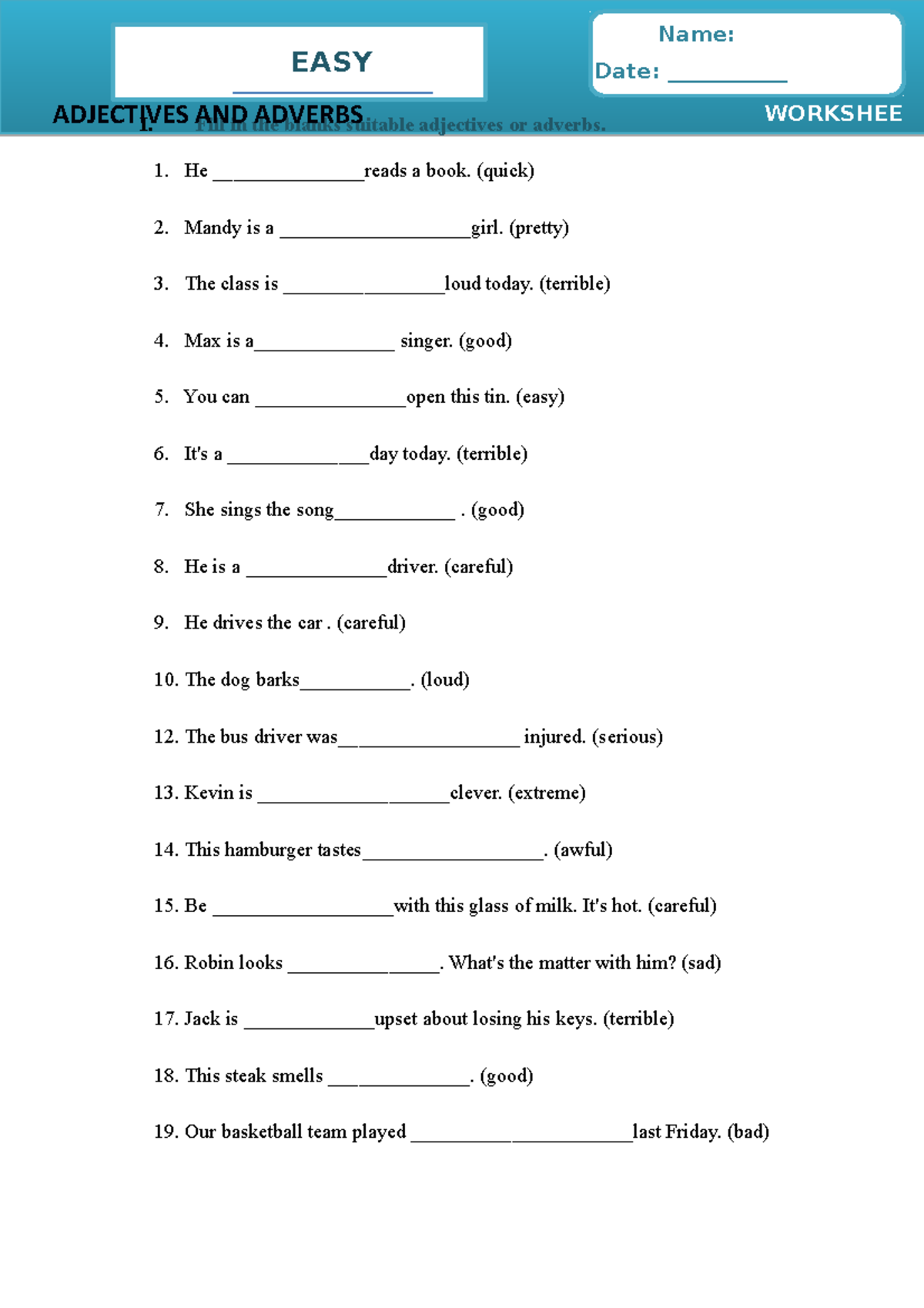 Adjectives & Adverbs Worksheet 1 – Easy Grammar Practice - Studocu