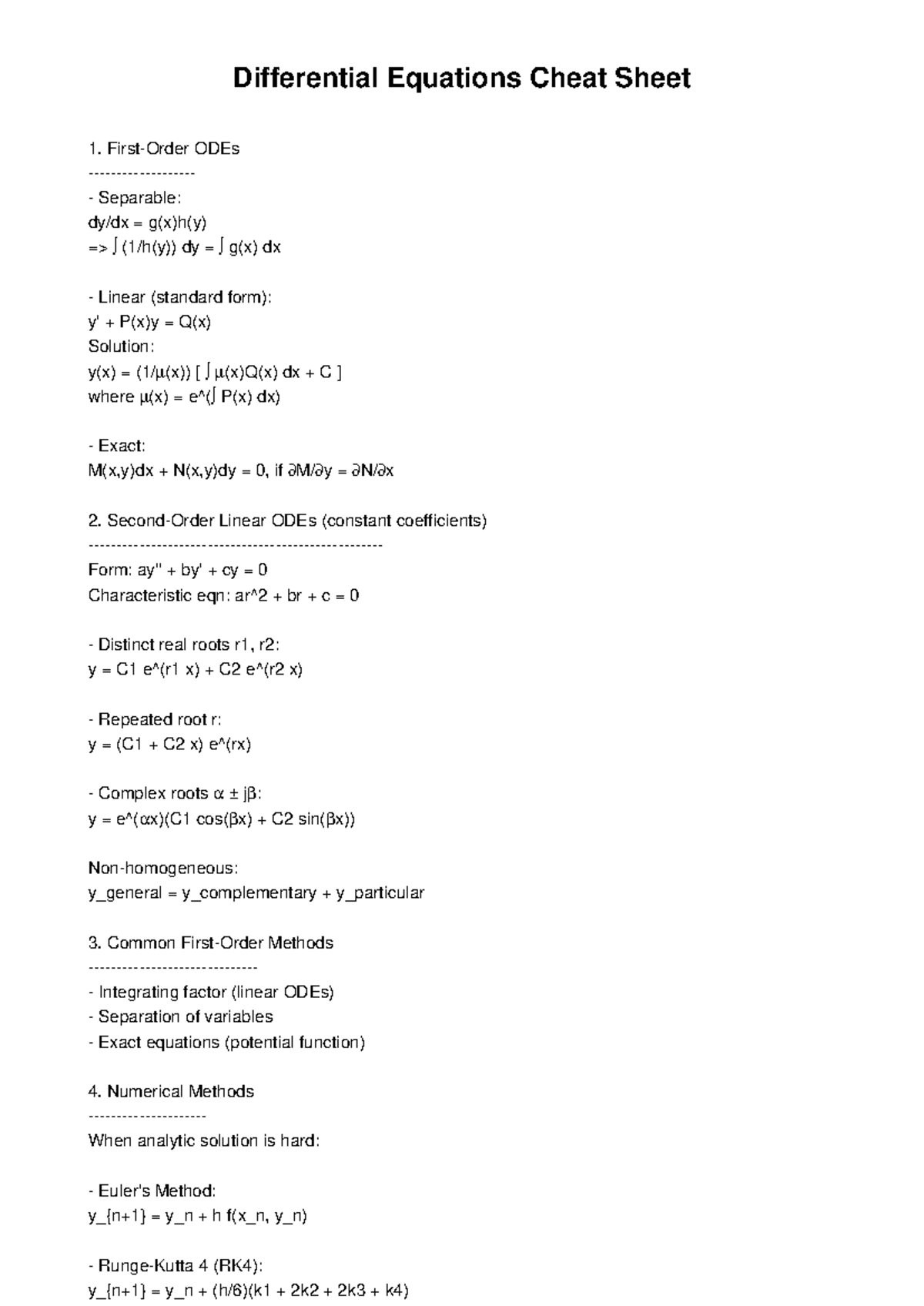 ODEs Cheat Sheet: Key Concepts & Methods for Differential Equations - Studocu