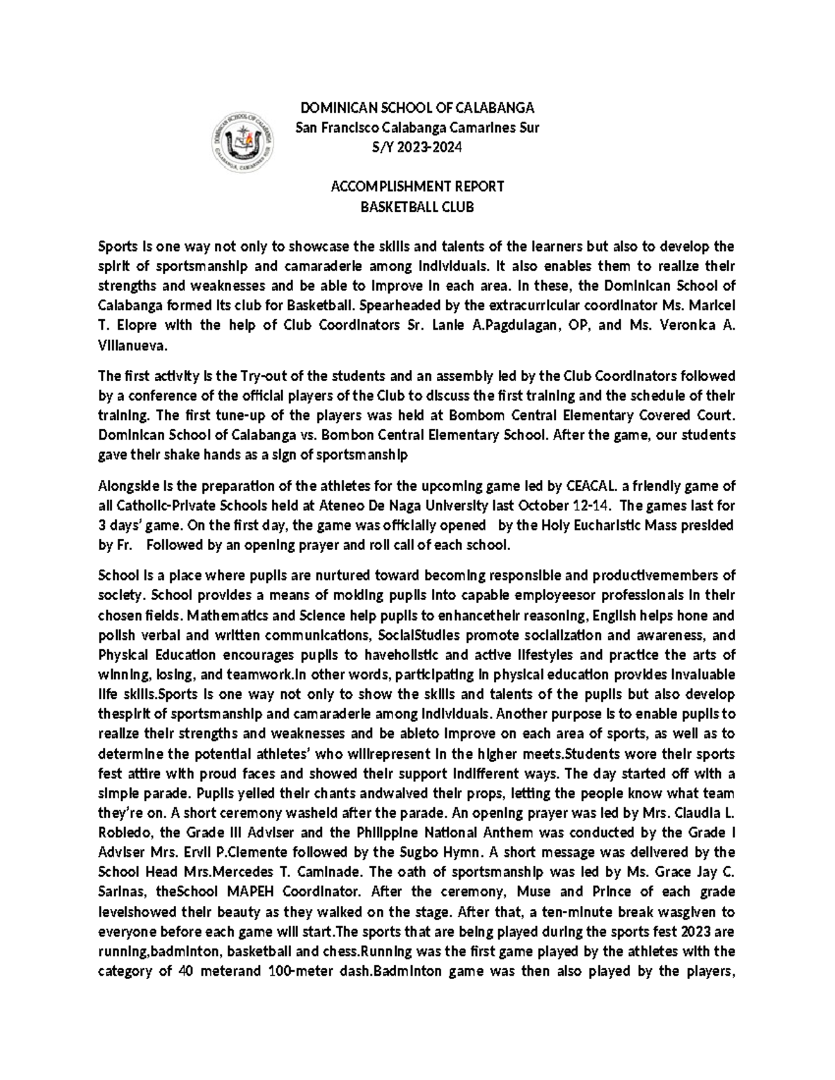 Accomplishment Report: Basketball Club Activities (S/Y 2023) - Studocu