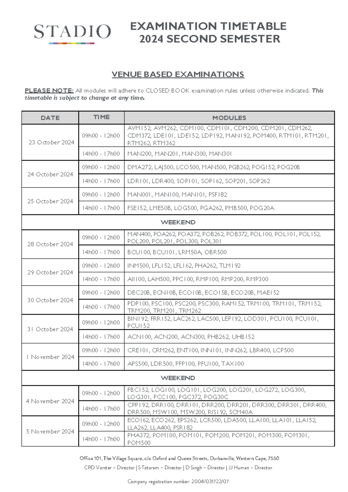 E1 Stadio DL Final Exam Timetable 2024 for SA & NAM - Studocu