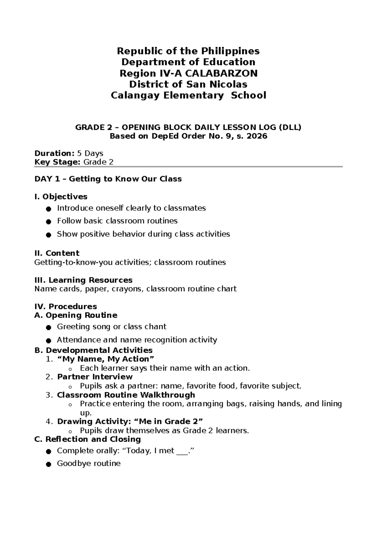 Grade 2 Opening Block Daily Lesson Log (DLL) - 5 Days Plan - Studocu