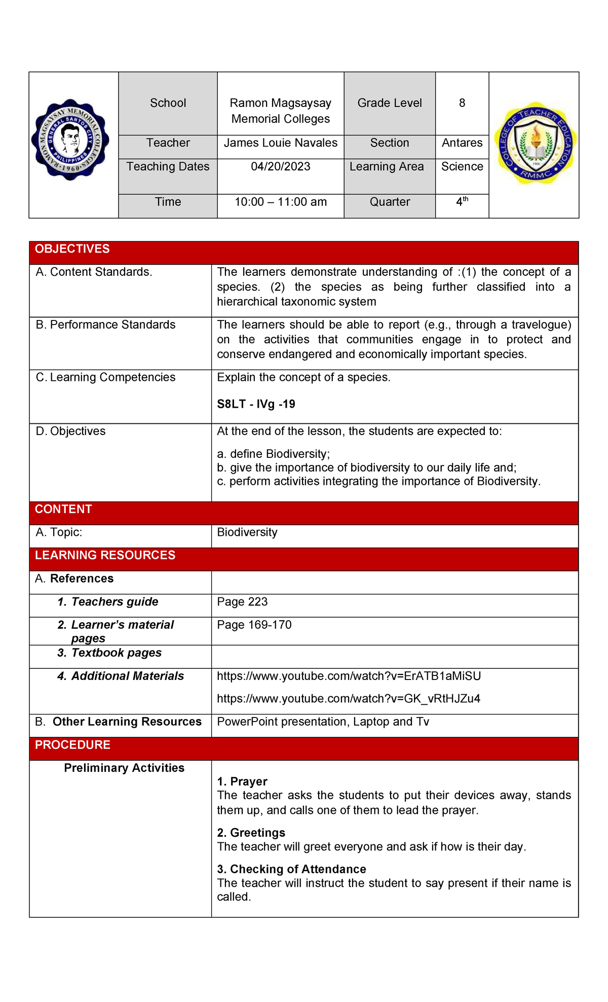 Teaching Science LP - Lesson Plan - School Ramon Magsaysay Memorial ...