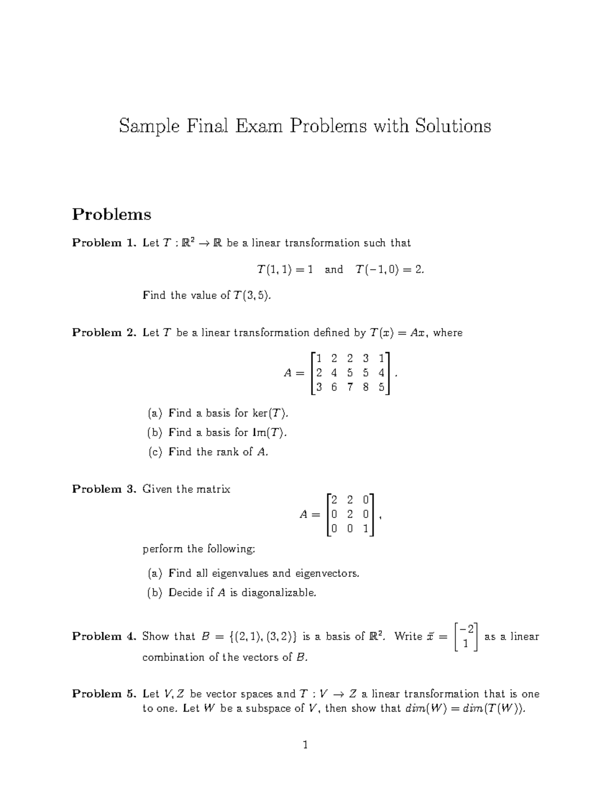 Linear Algebra (MATH 301) Sample Final Exam Problems & Solutions - Studocu
