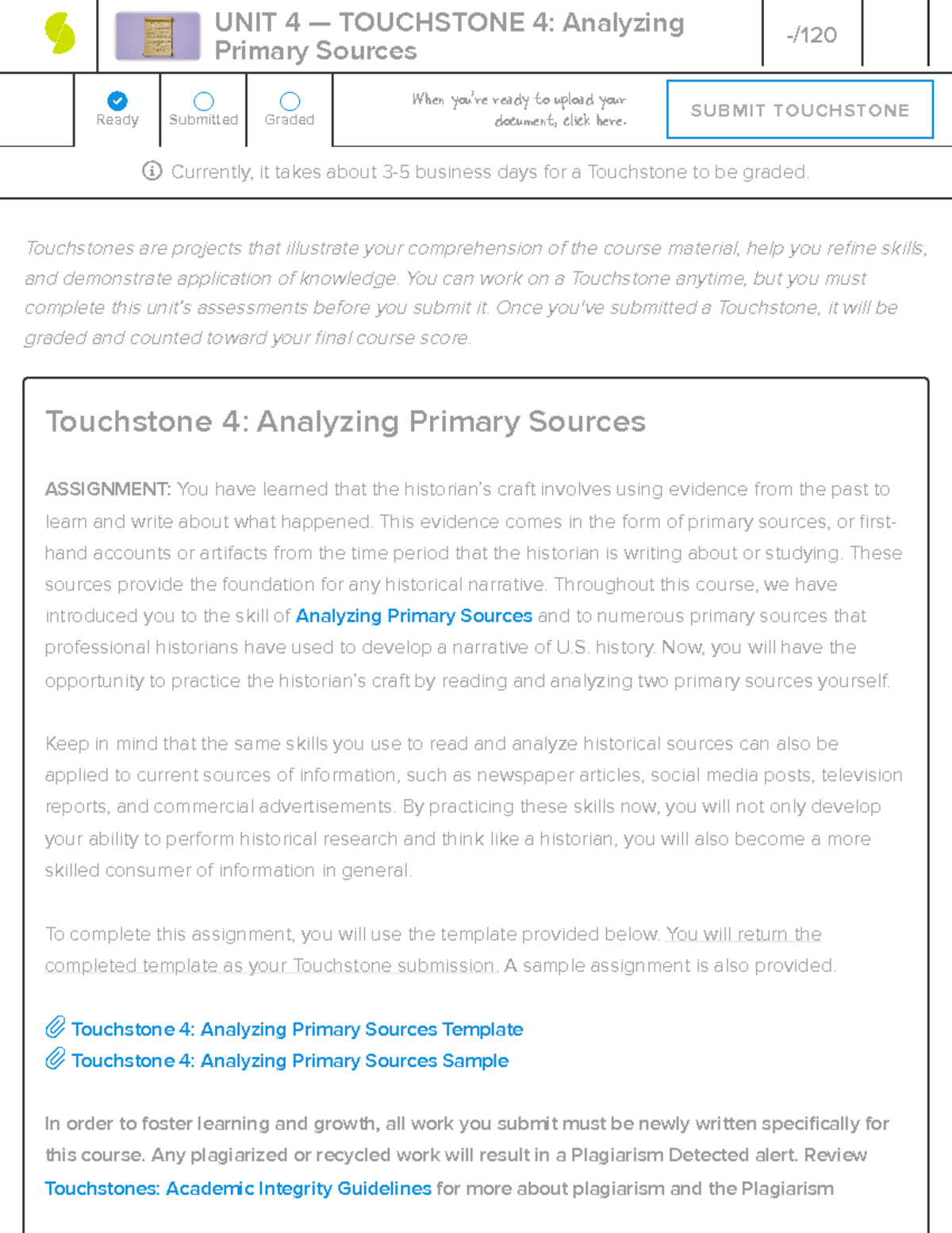 Touchstone 4: Analyzing Primary Sources in U.S. History I Assignment ...
