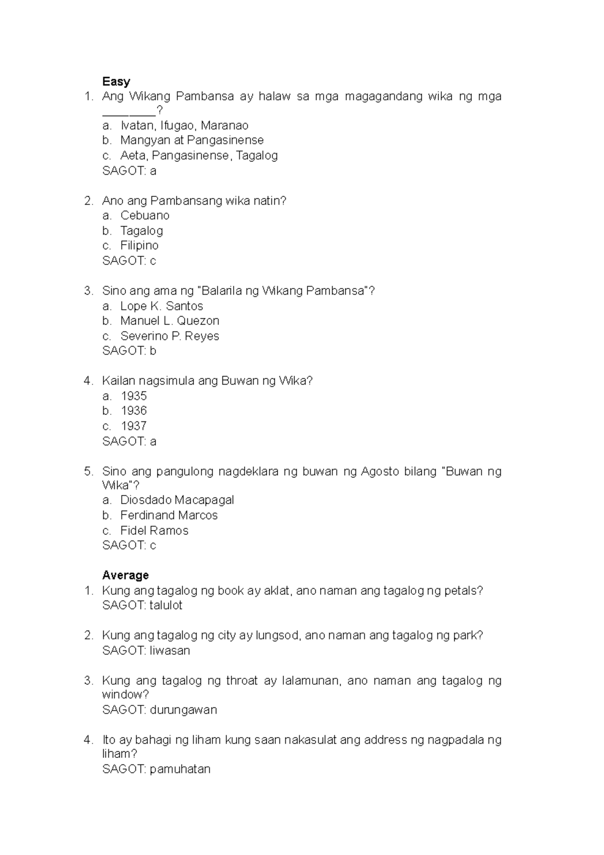 Quiz Bee Questions: Buwan ng Wika Insights & Answers - Studocu