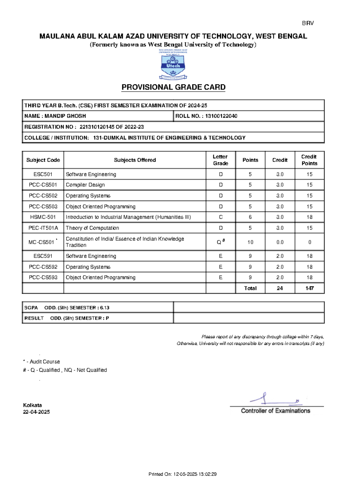 Provisional Grade Card for B.Tech (CSE) 3rd Year - Mandip Ghosh - Studocu