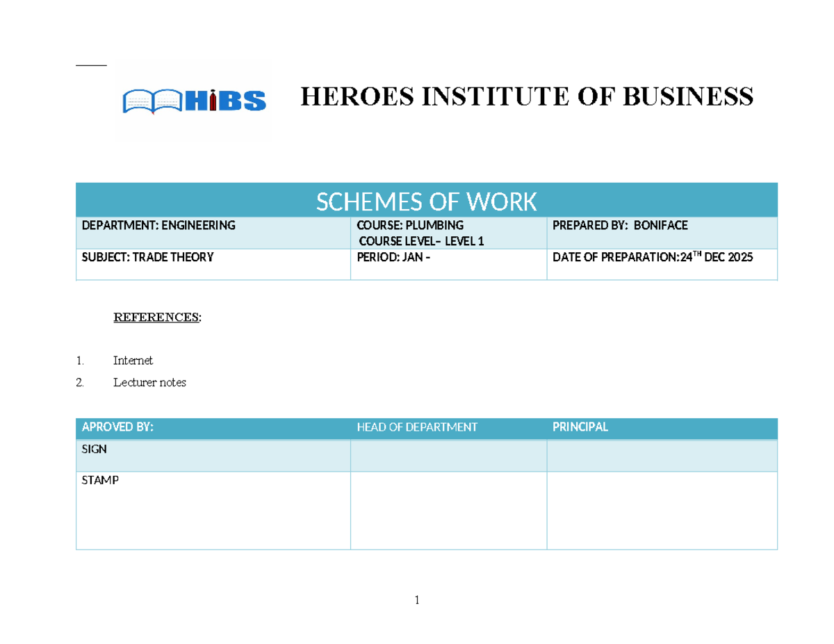 Plumbing Course Level 1 Scheme of Work - Heroes Institute - Studocu