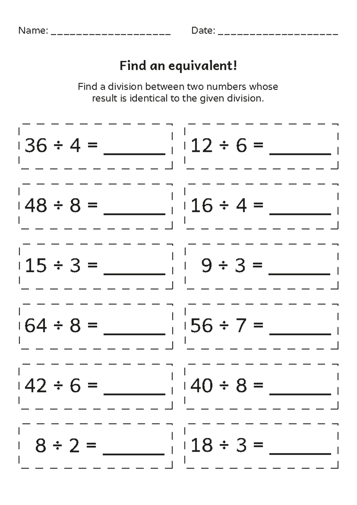 Division Equivalence Practice - 3rd Grade Worksheet - Name ...