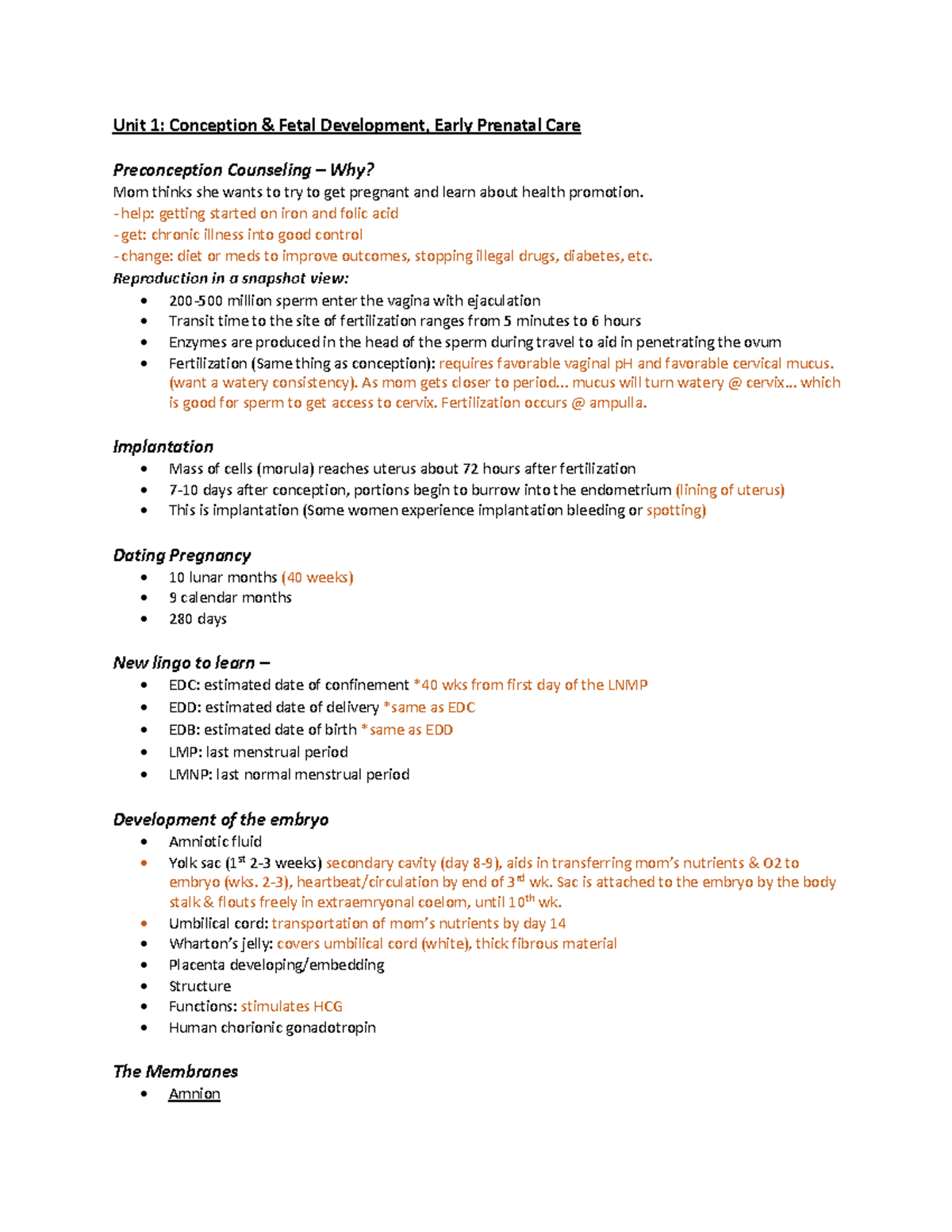 Module 1 Notes OB Exam 1 - Unit 1: Conception & Fetal Development ...