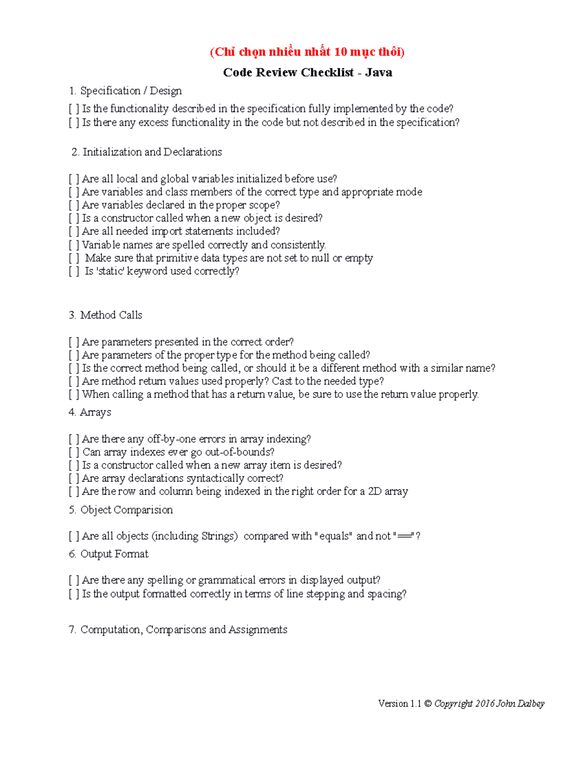 Code Review Checklist Java - (Chỉ chọn nhiều nhất 10 mục thôi) Code ...
