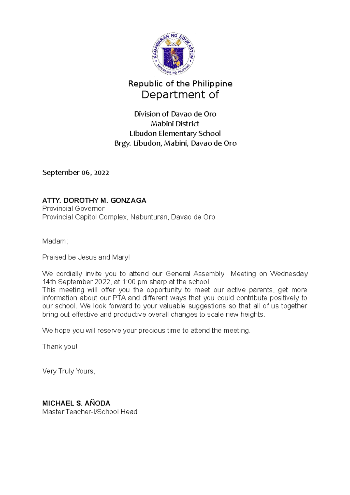 Invitation Letter for General Assembly Meeting - Libudon Elementary ...