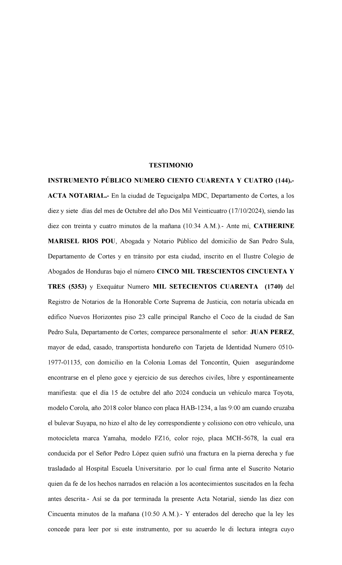 ACTA Notarial - TESTIMONIO INSTRUMENTO PÚBLICO NUMERO CIENTO CUARENTA Y ...