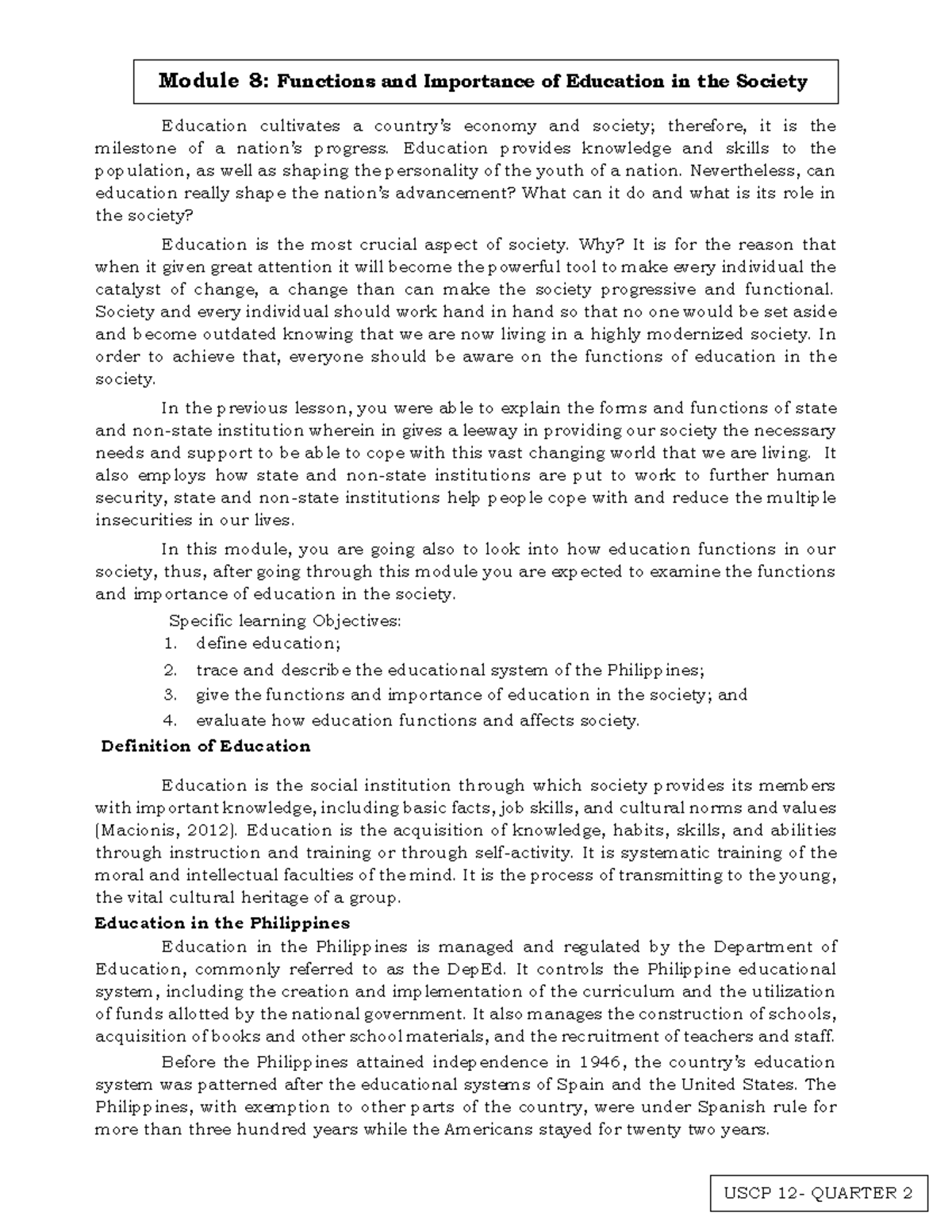 UCSP Module 8: The Role and Functions of Education in Society - Studocu