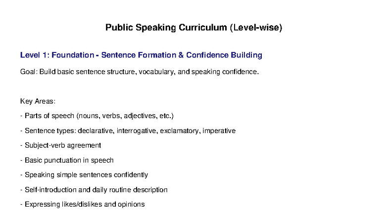 Public Speaking Curriculum Level 1-4: Skills & Activities Guide - Studocu