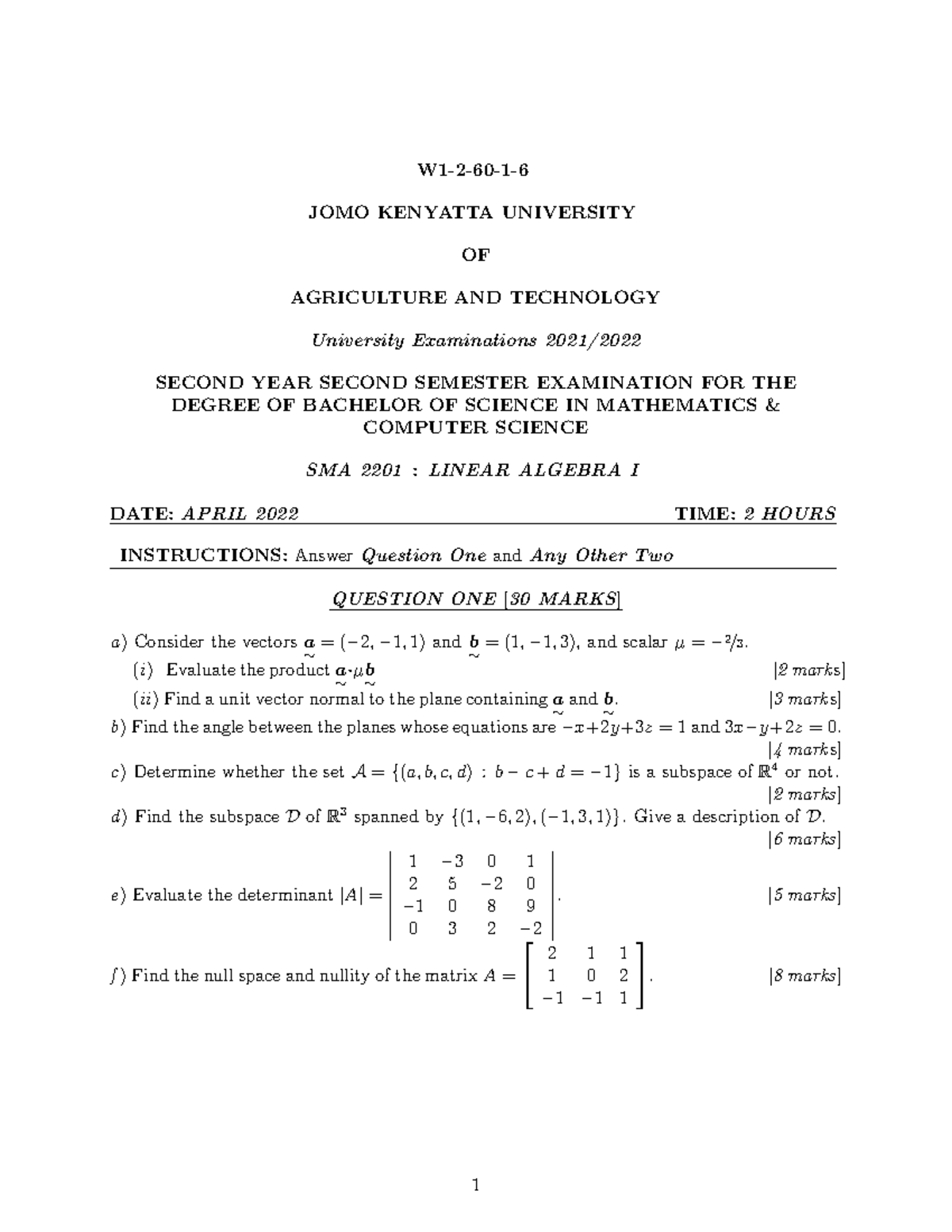 SMA 2201: Linear Algebra I Exam Paper - April 2022 - Studocu