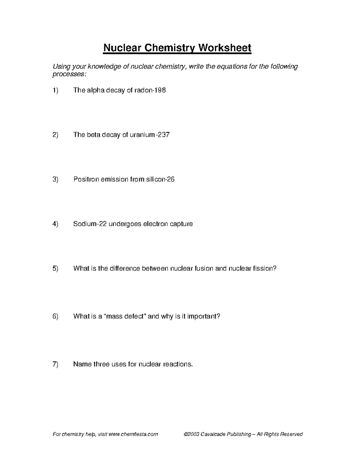 Nuclear Worksheet - Practice Exercise - For chemistry help, visit ...