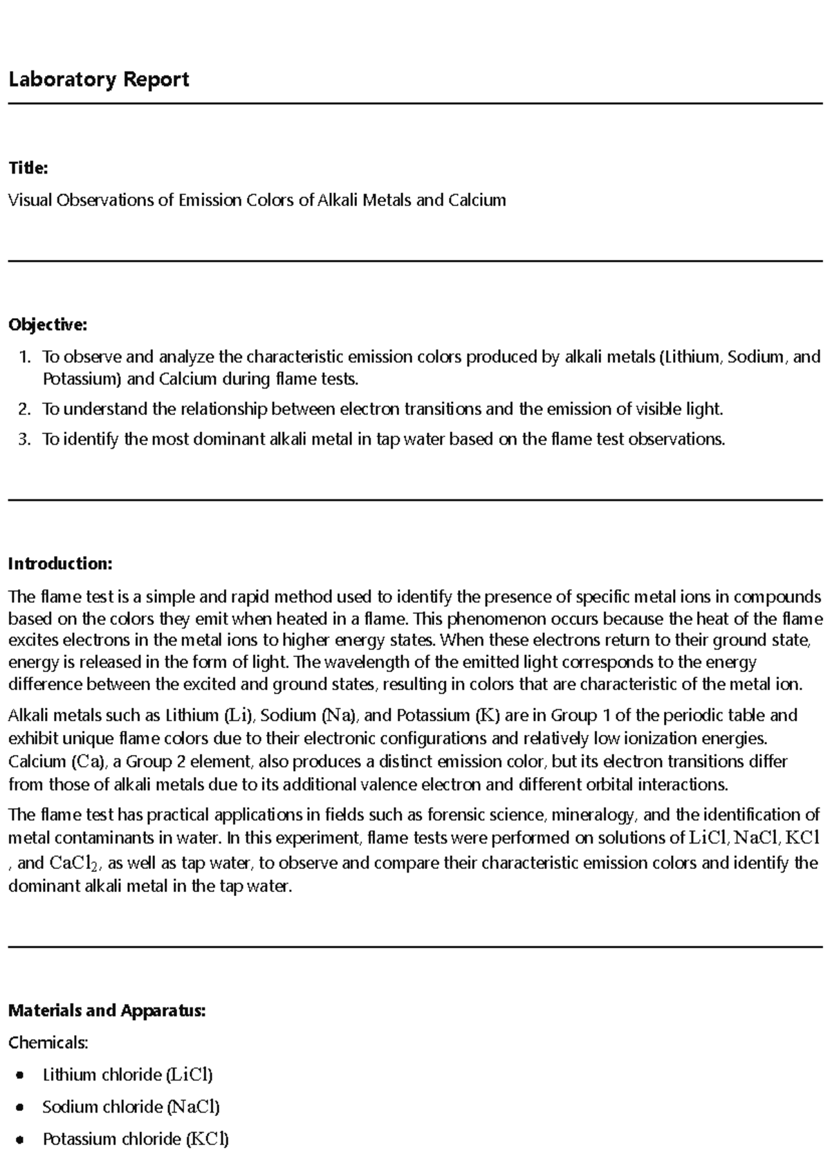 Flame Test Lab Report: Emission Colors of Metals in Chemistry Class ...