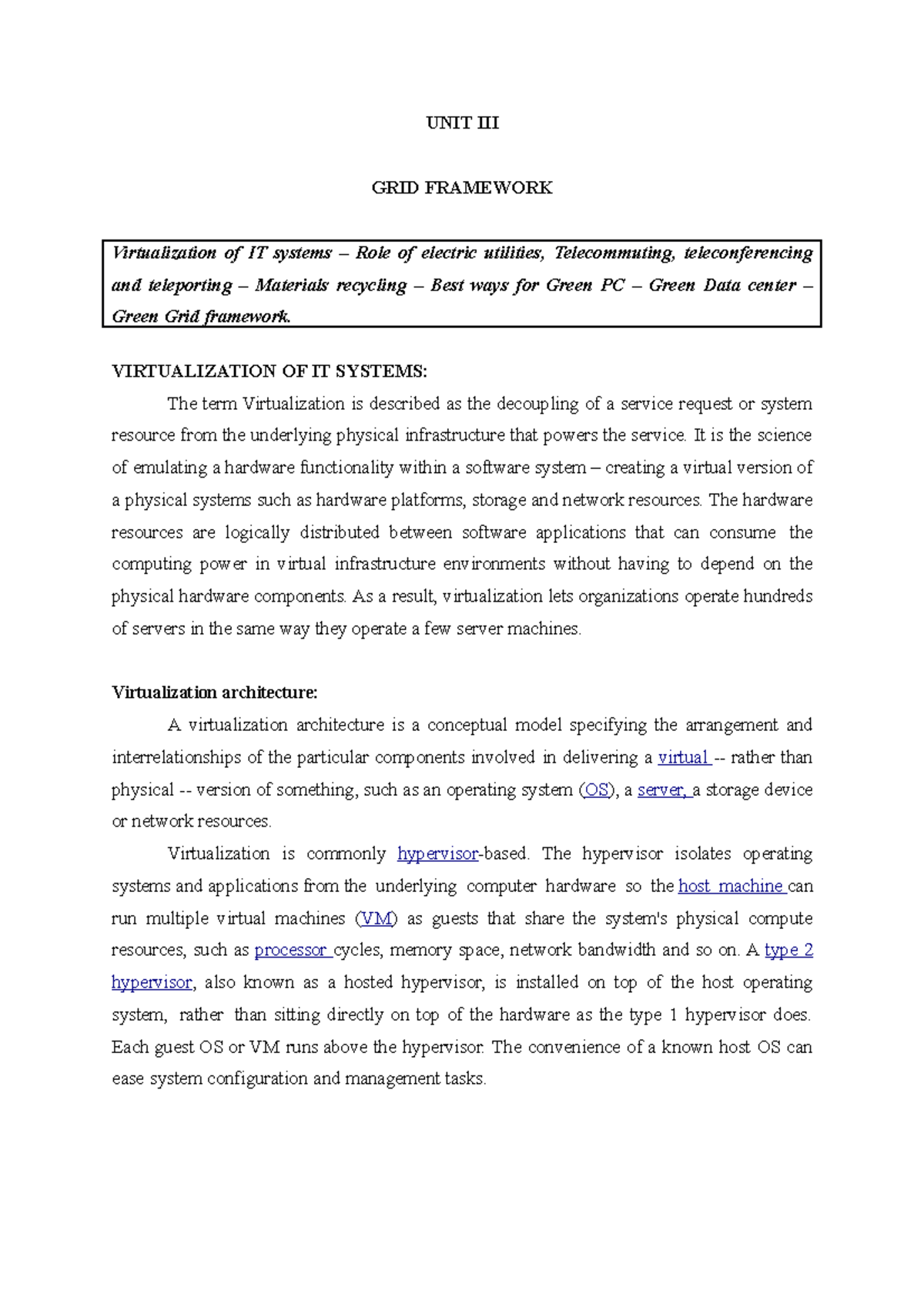 "UNIT III - Green Computing: Virtualization & Grid Framework Insights" - Studocu
