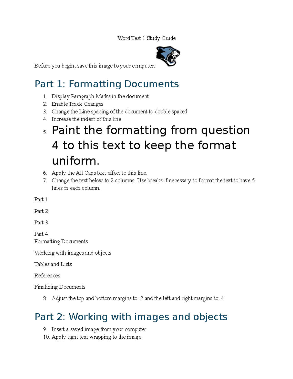 Word Test 1 Study Guide: Formatting, Images, Tables & References - Studocu