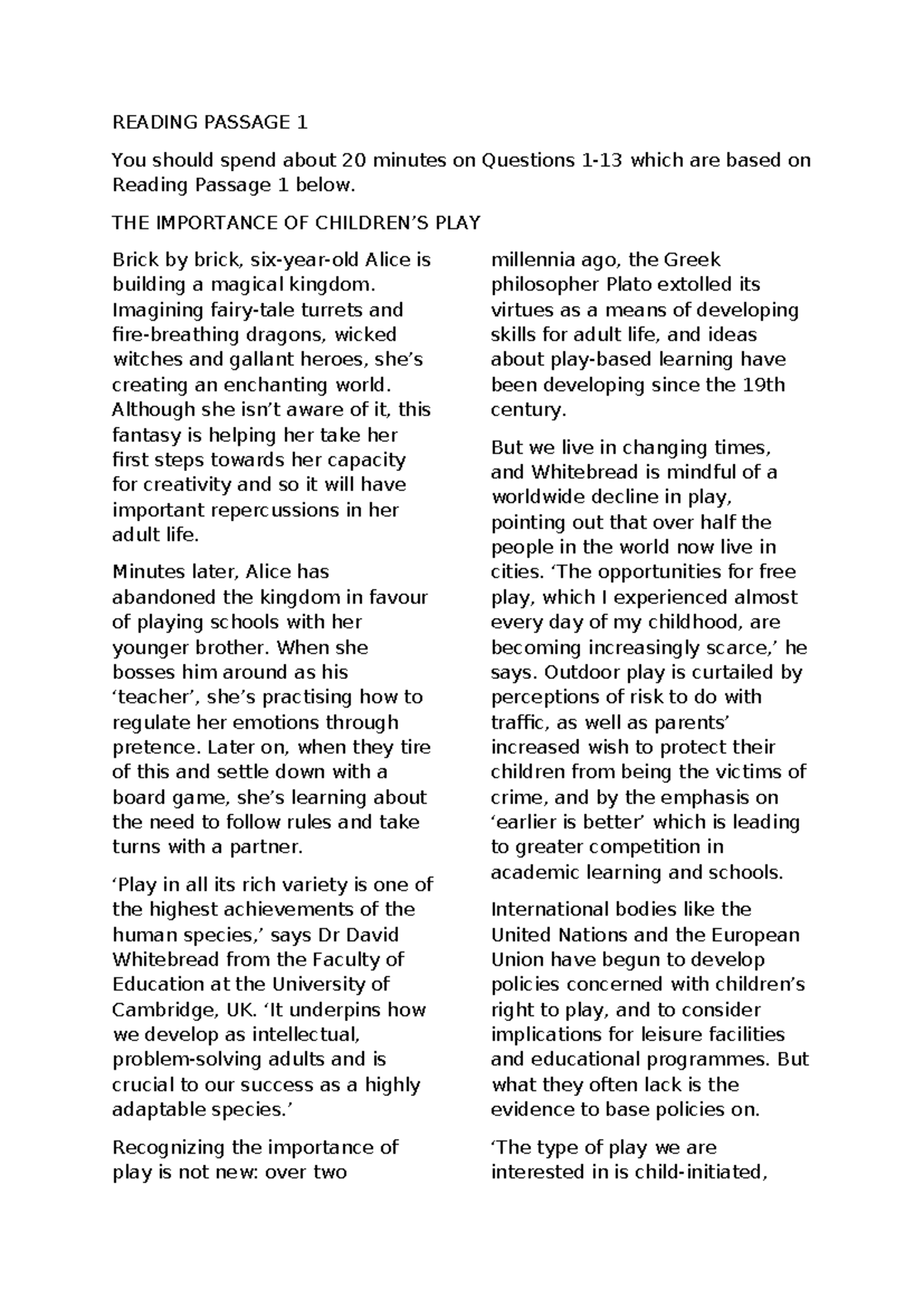 Cam 14 Reading Test 1 - Practice on Play and Urban Schemes - Studocu