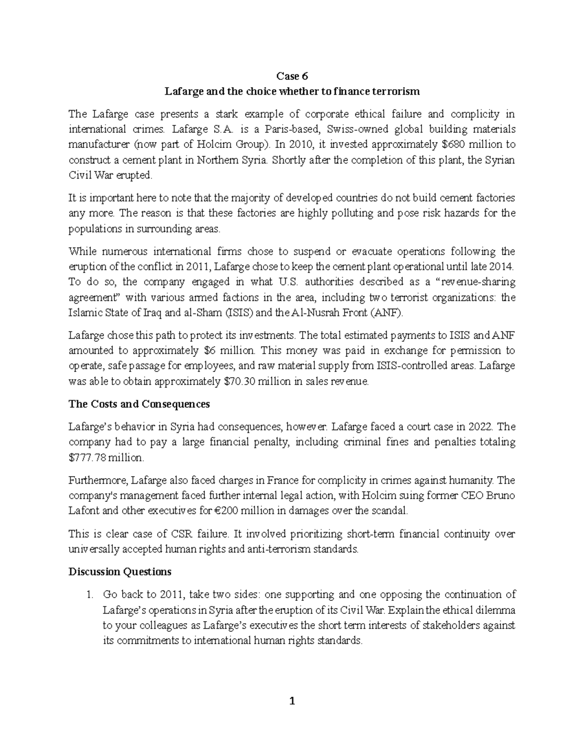 Case Study: Lafarge's Ethical Dilemma in Financing Terrorism - Studocu
