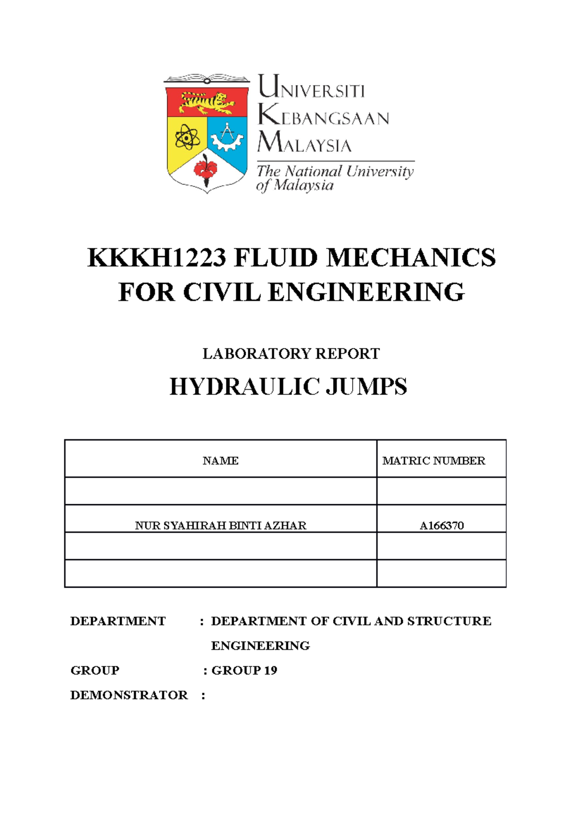 Hydraulic Jumps in Open Channel Flow Lab Report - KKKH1223 - Studocu