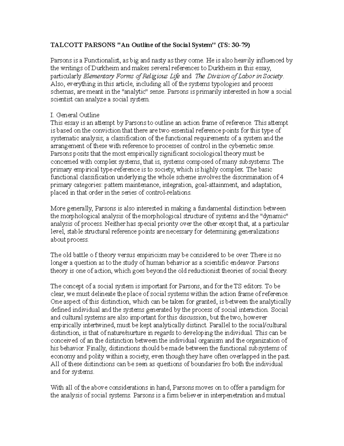Social System parsons - TALCOTT PARSONS Outline of the Social (TS ...