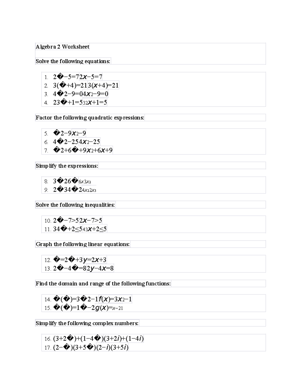 Algebra 2 W - helpful practice - Algebra 2 Worksheet Solve the ...