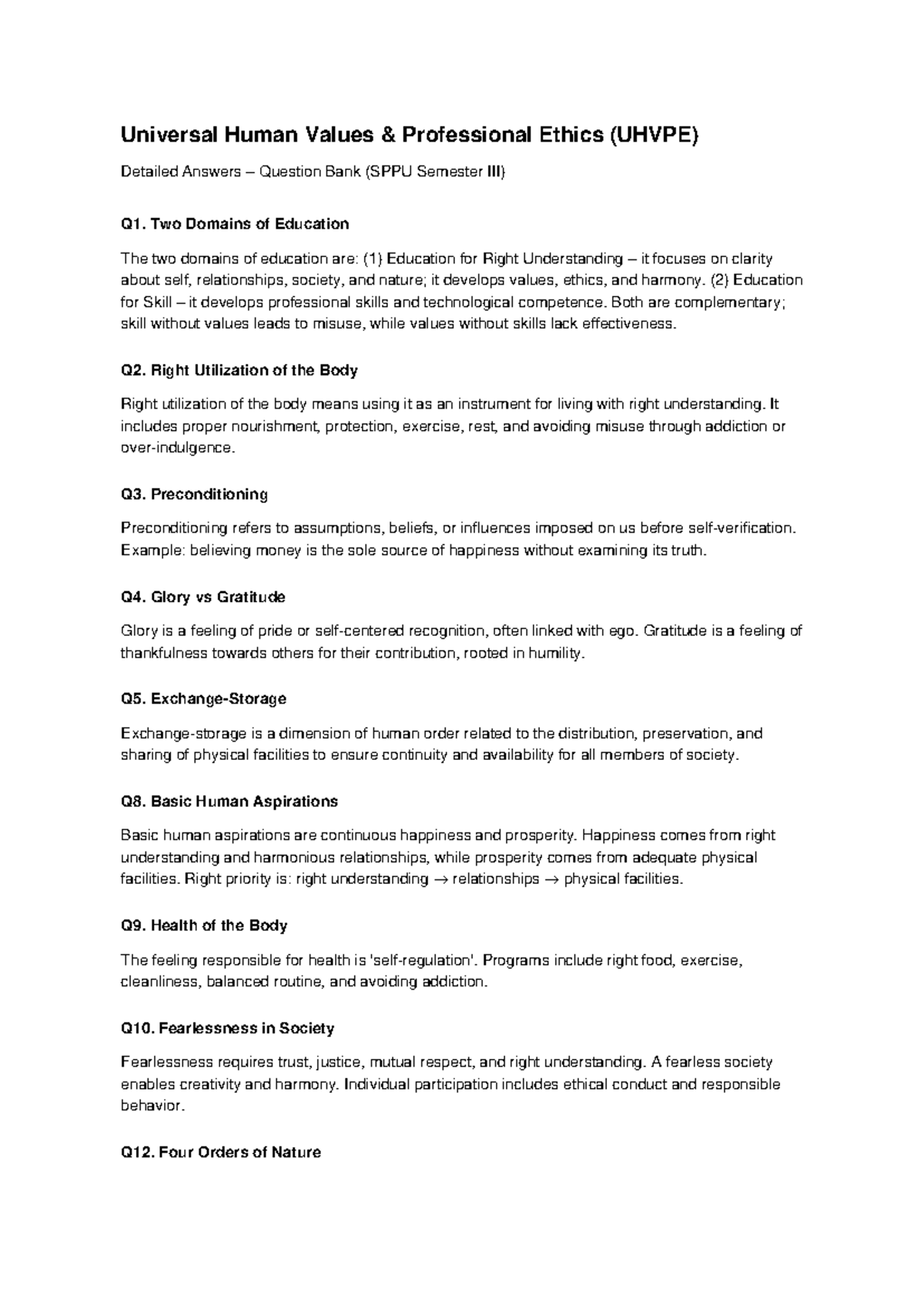 UHVPE Q1-Q12 Detailed Answers Question Bank for Semester 1 - Studocu