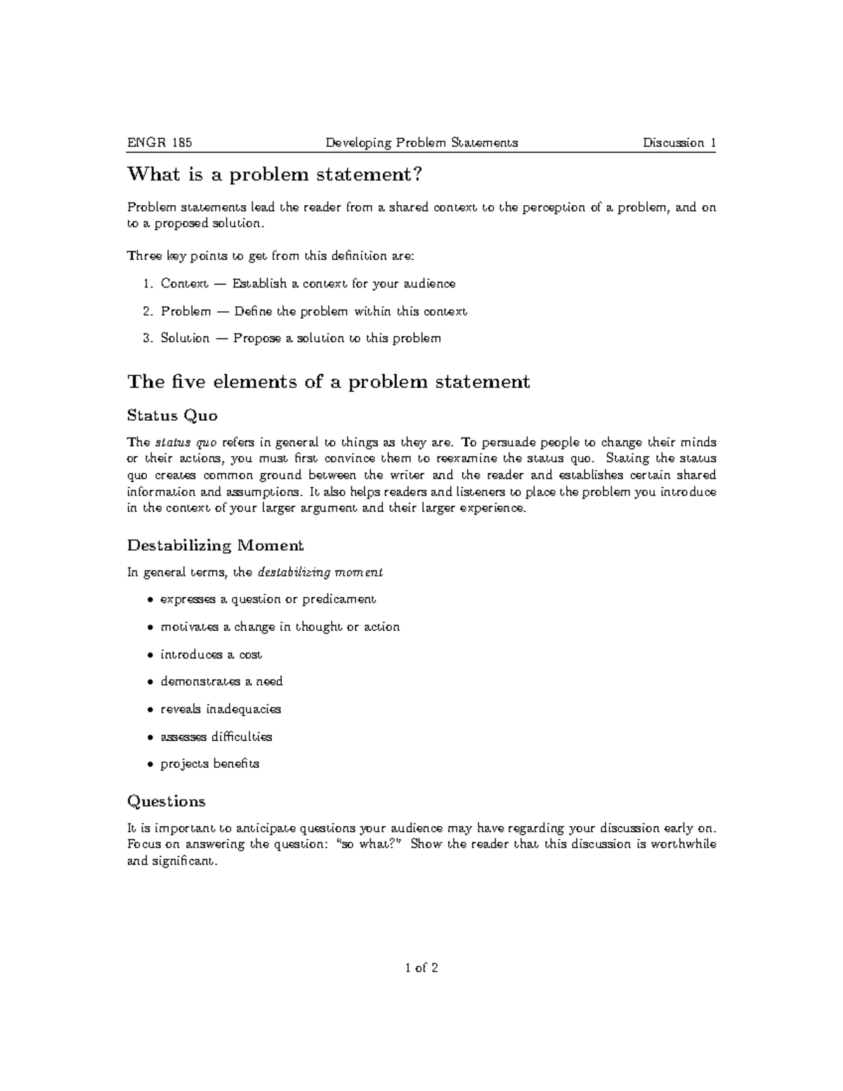 ENGR 185 Problem Statements Discussion Handout and Key Elements - Studocu