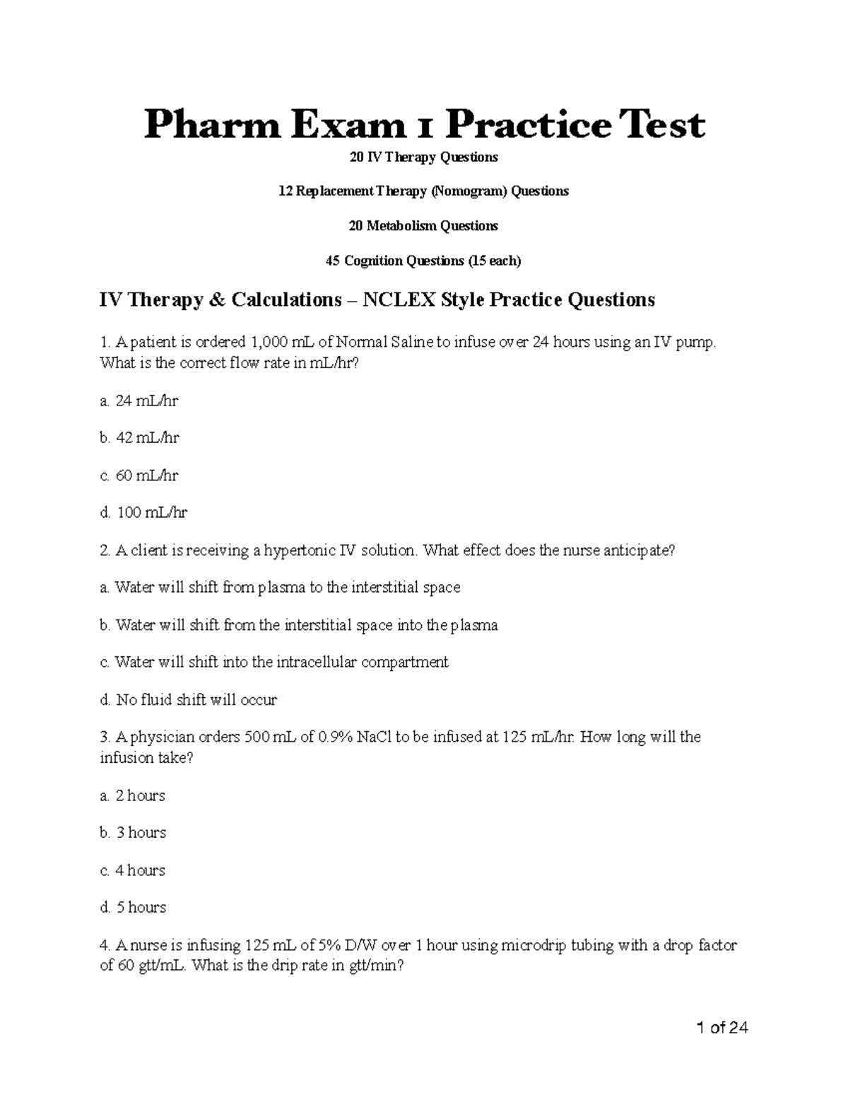 Pharm Exam 1: IV Therapy, Replacement, Metabolism & Cognition NCLEX ...
