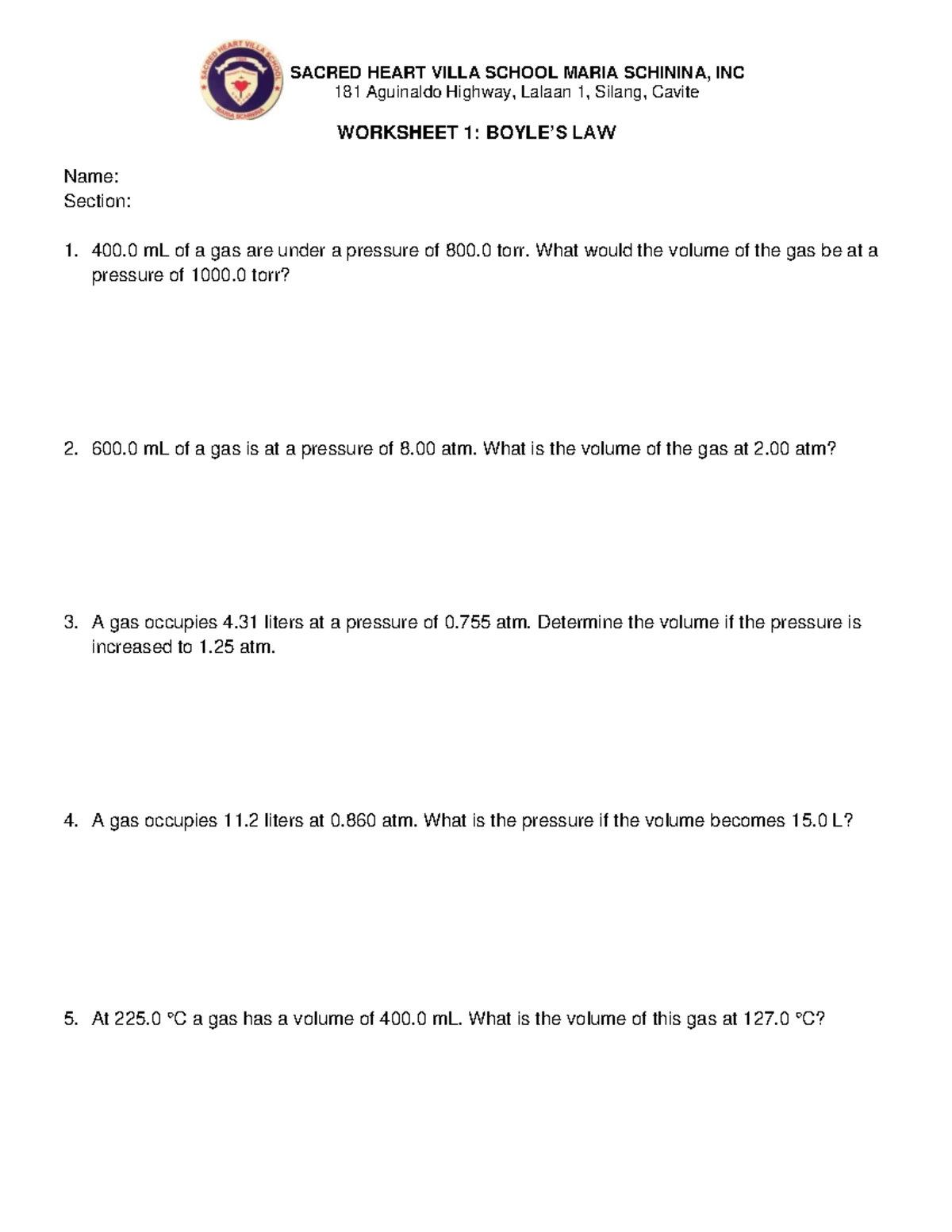 GAY Lussac’s Law Worksheet (PHYS 101) - Temperature & Pressure ...