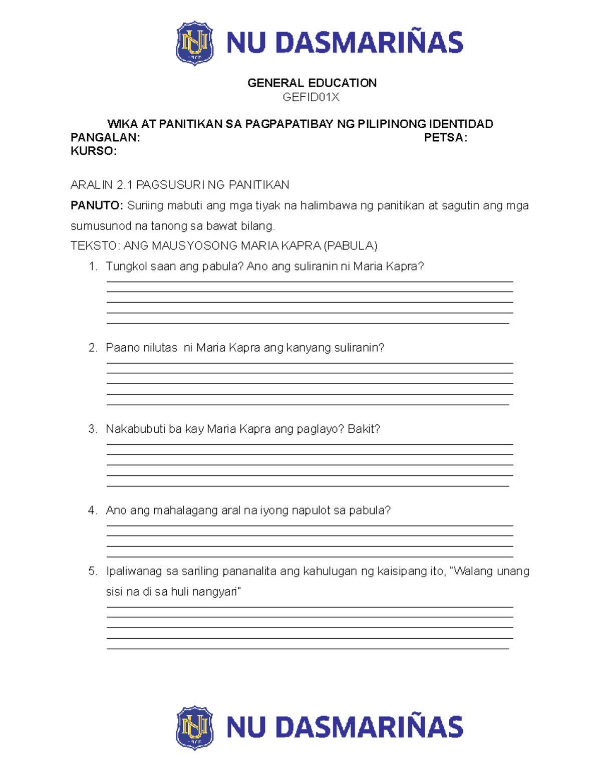 Pagsusuri ng Panitikan sa GEFID01X: Aralin 2 at mga Halimbawa - Studocu