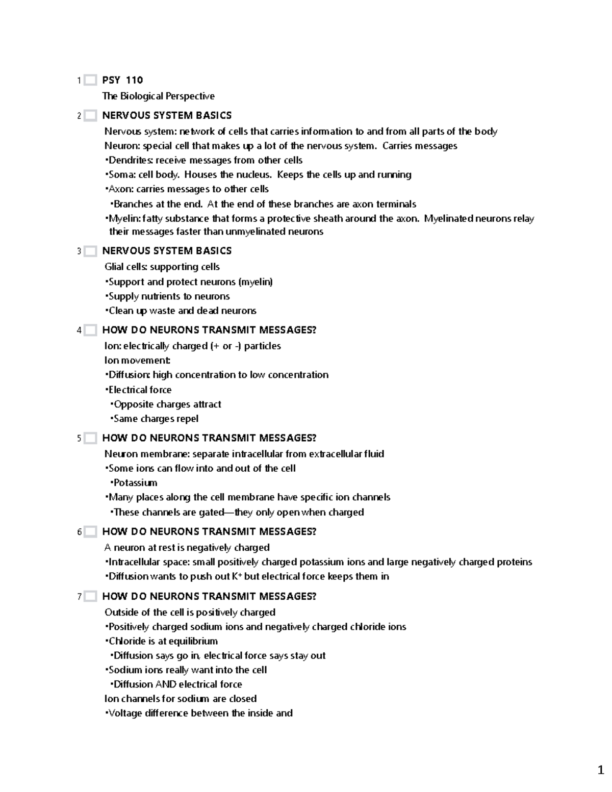 Biological Psychology: Nervous System & Neuron Function (PSY 110) - Studocu