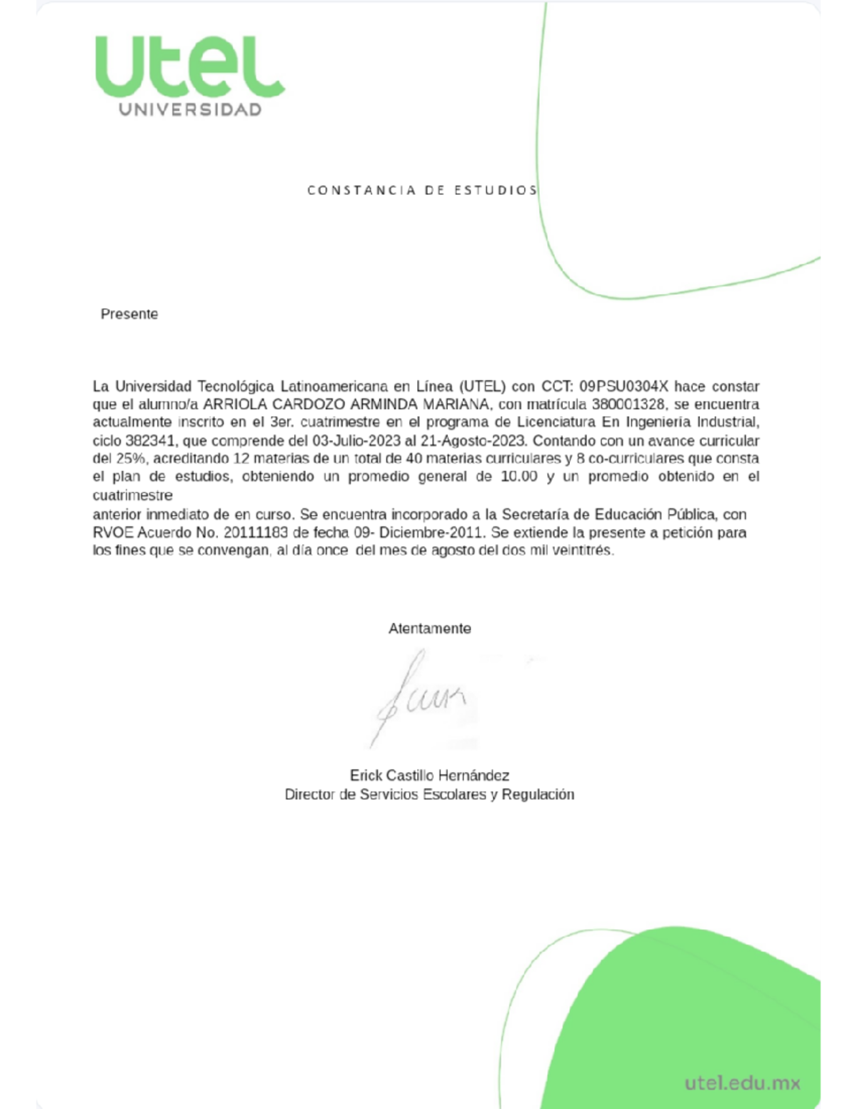 Constancia utel - Utel UNIVERSIDAD CONSTANCIA DE ESTUDIOS Presente La Universidad Tecnológica ...