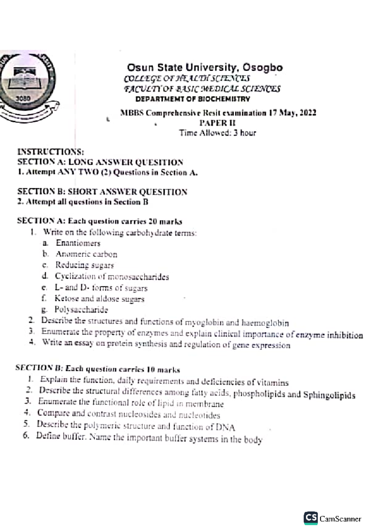 Osun State University, Osogbo MBBS Comprehensive Resit Exam Questions ...