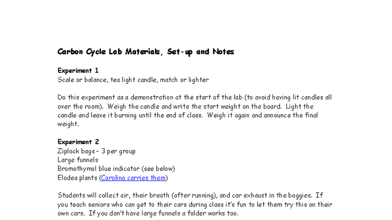 Carbon Cycle Lab Set Up: Experiments & Materials Guide - Studocu