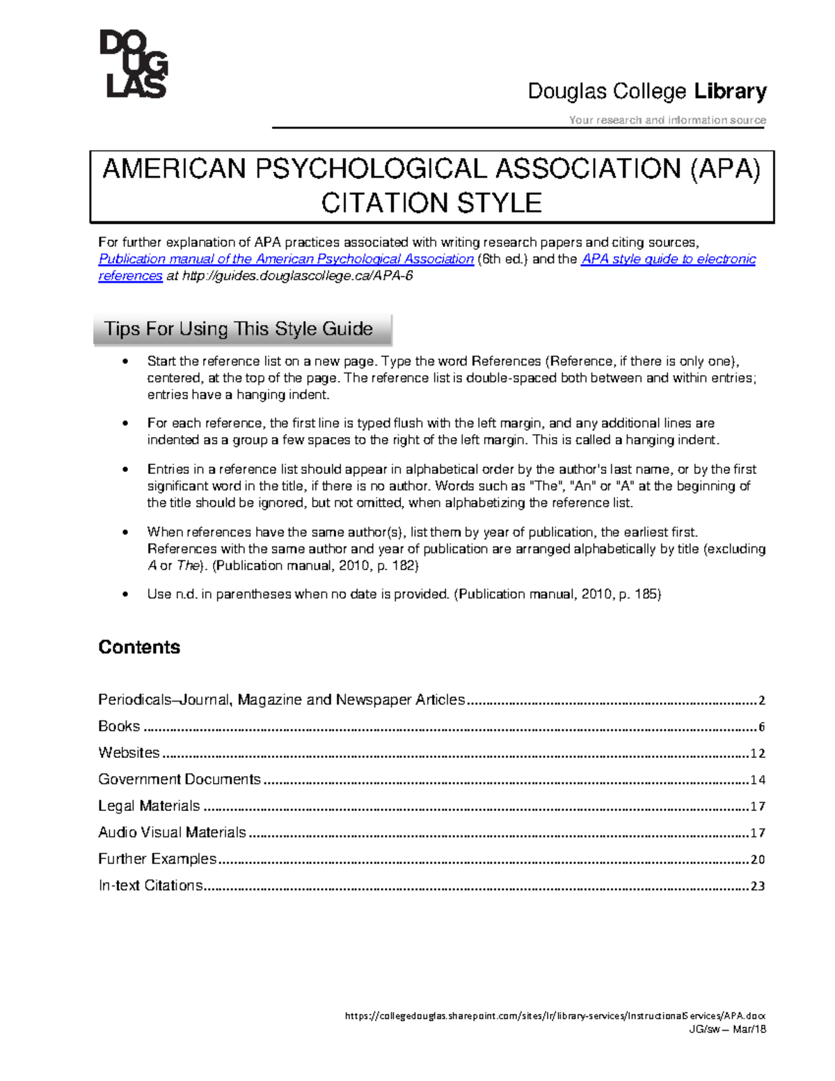 Douglas College APA Citation Style Guide for Research Papers - Studocu