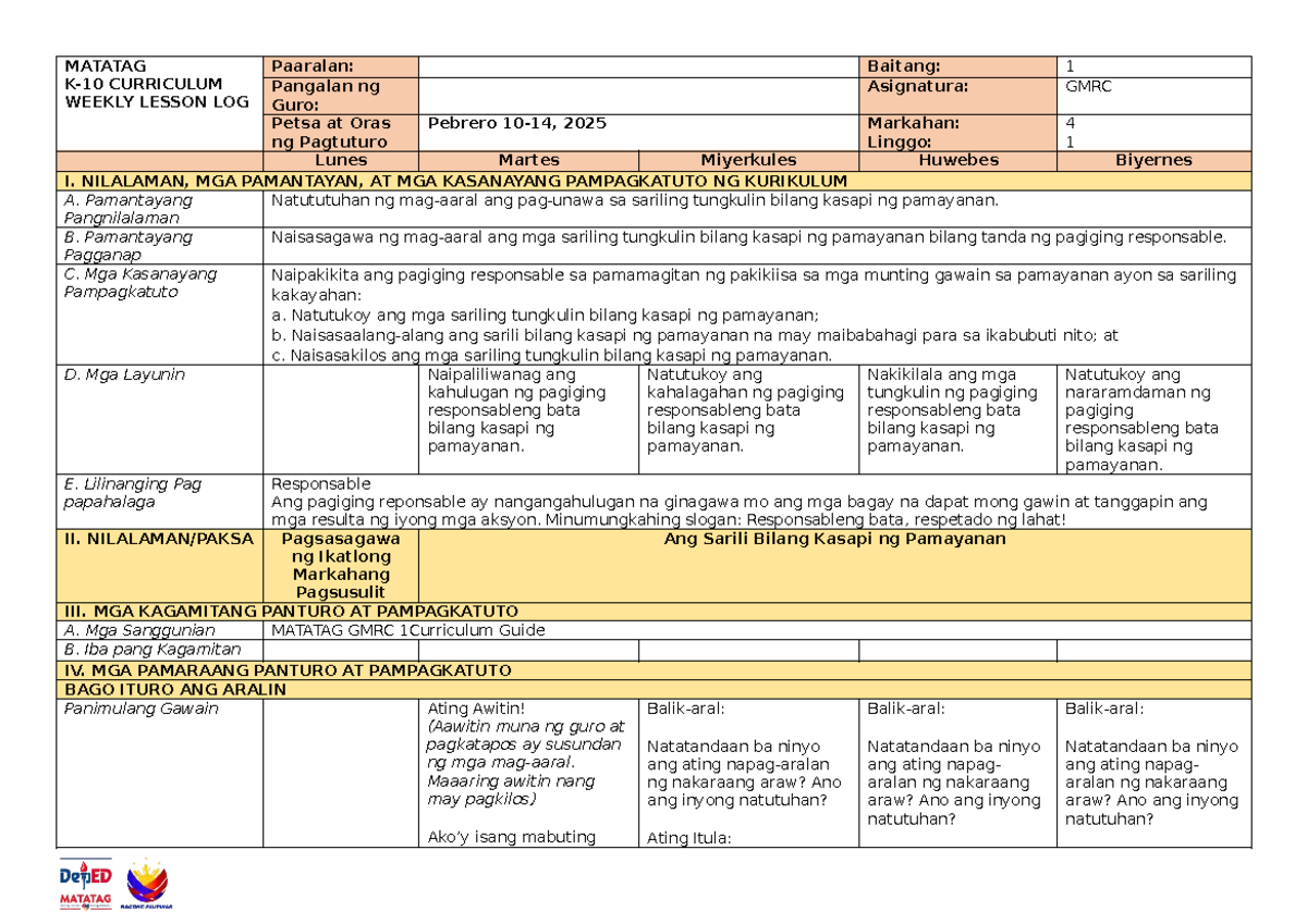 DLL GMRC1 Q4 WEEK 1 - Weekly Lesson Plan for GMRC Grade 1 - Studocu