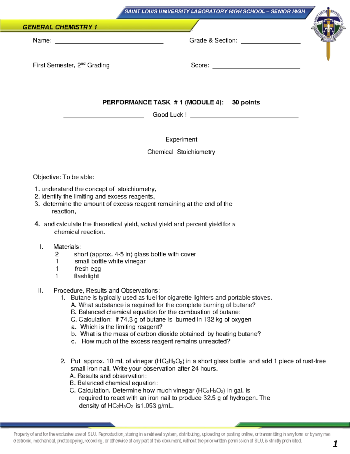 Chemistry Module 4 Performance Task Evaluation Guide - Studocu