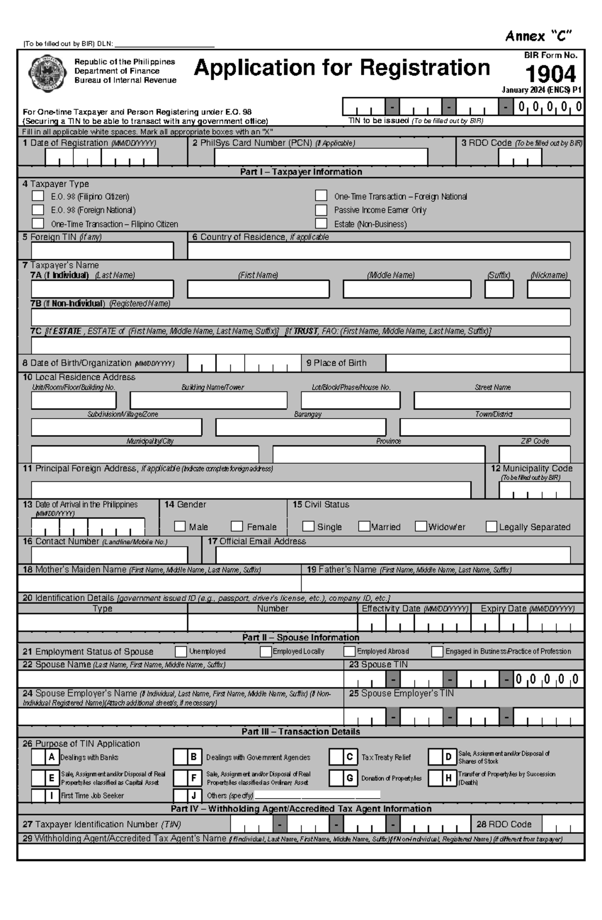 BIR Form No. 1904 - Registration Application for One-Time Taxpayers ...