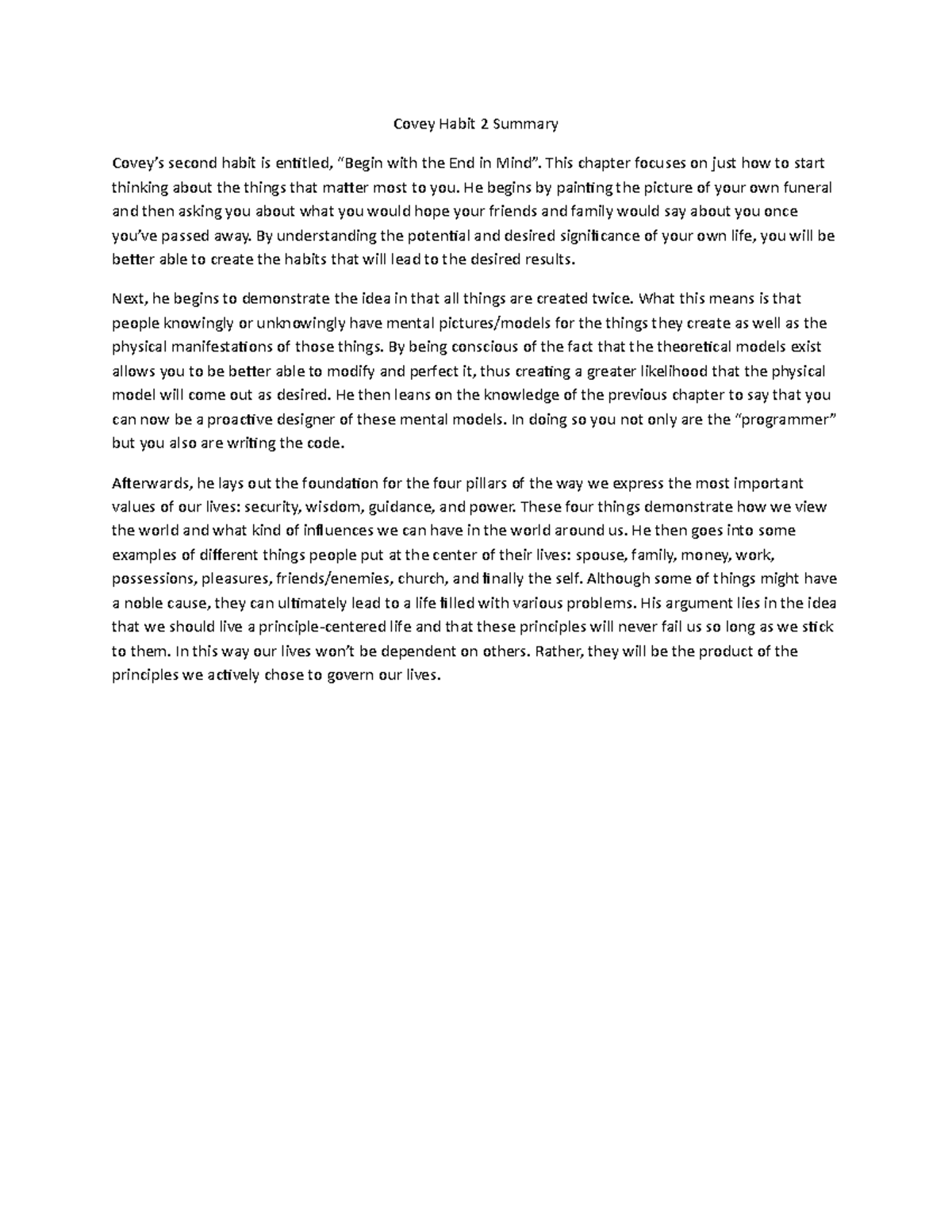 Covey Habit 2 summary - Covey Habit 2 Summary Covey’s second habit is ...
