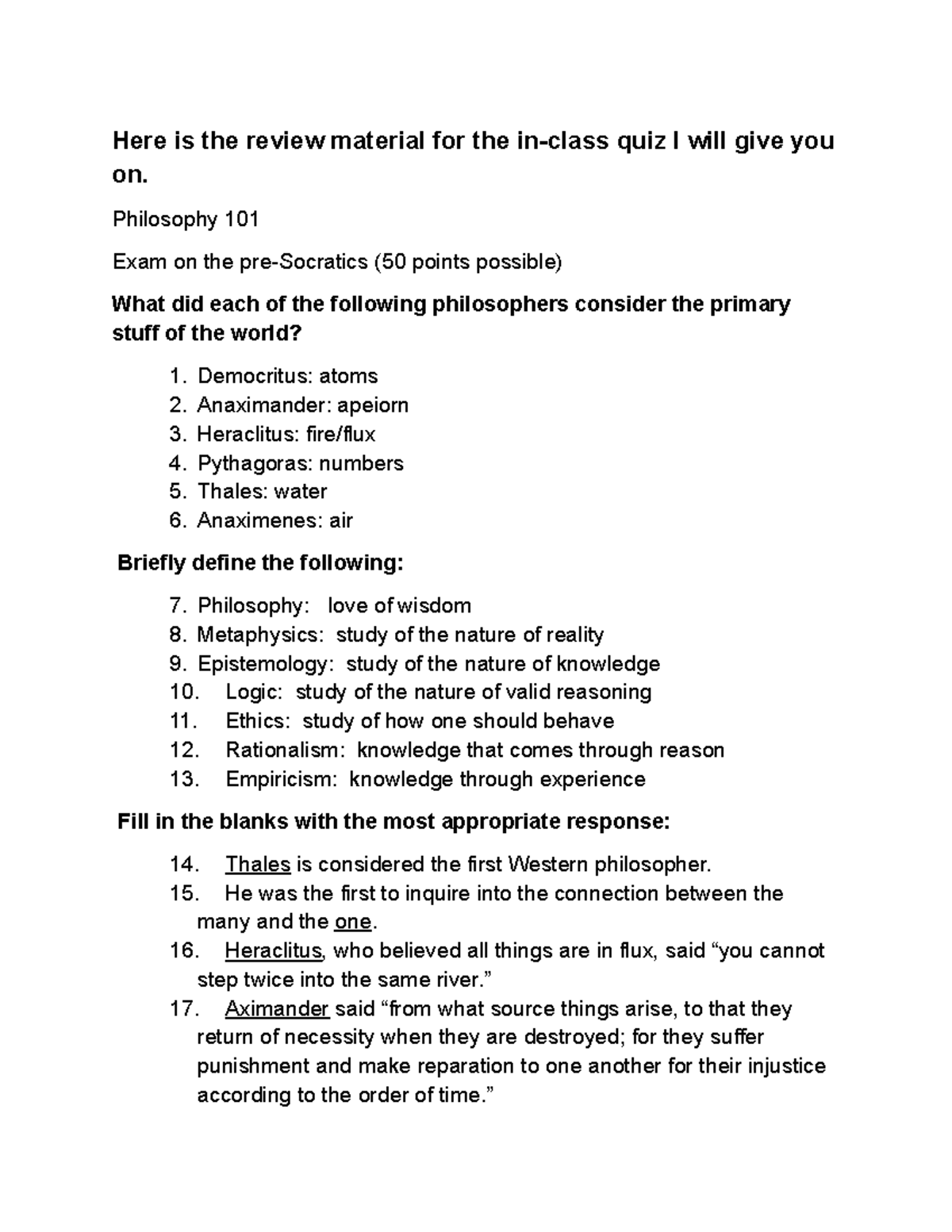 Philosophy 101: Quiz Review on Pre-Socratic Thinkers - Studocu